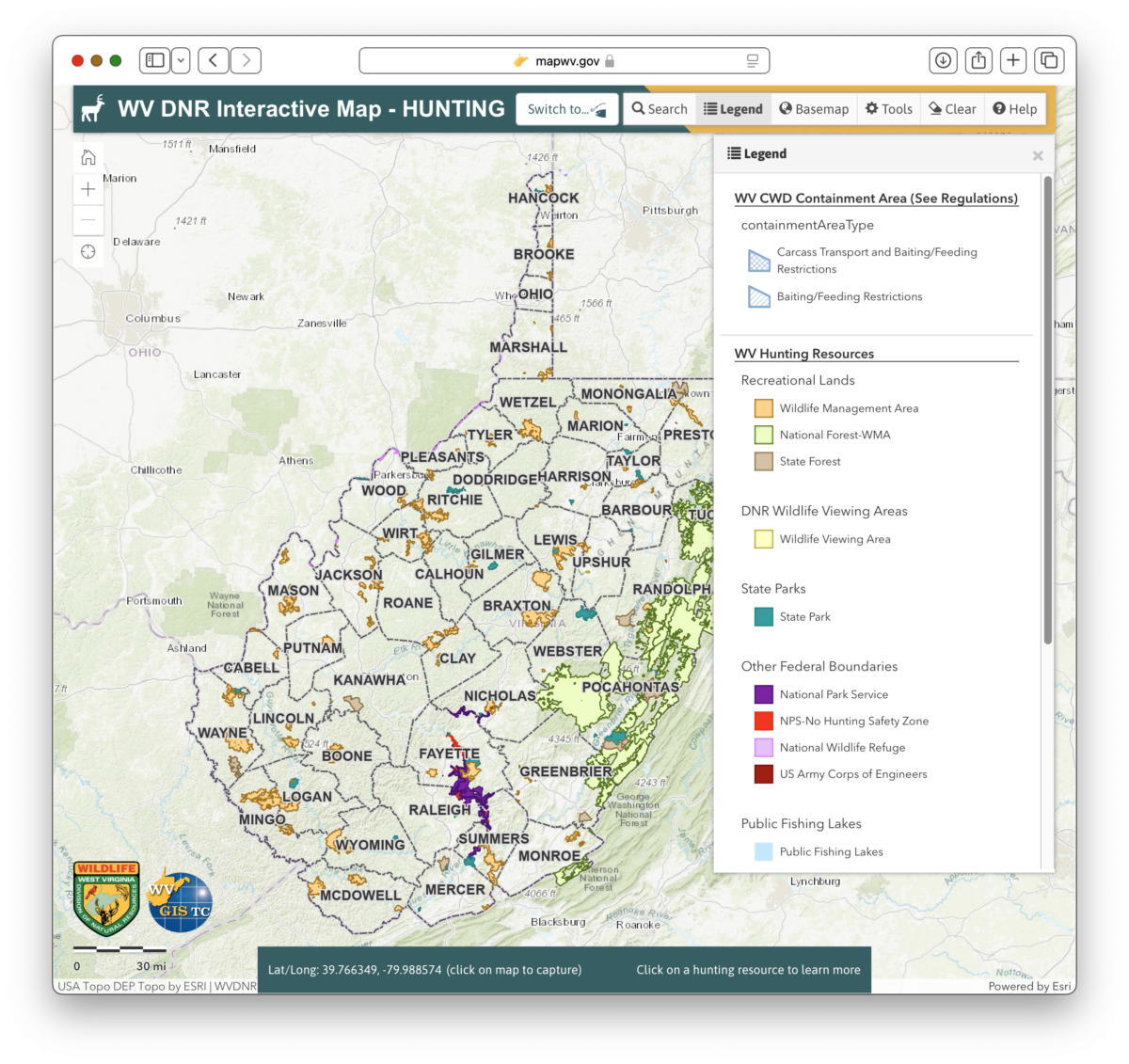 Explore West Virginia with Online Hunting and Fishing Map