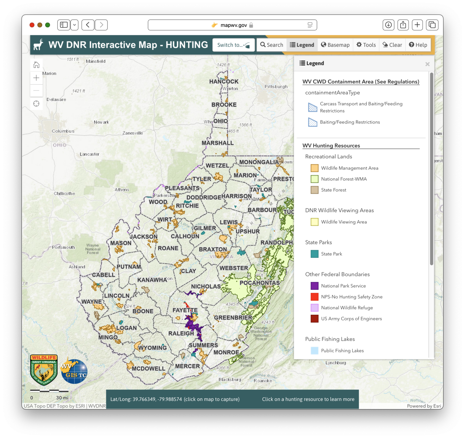 Explore West Virginia with Online Hunting and Fishing Map