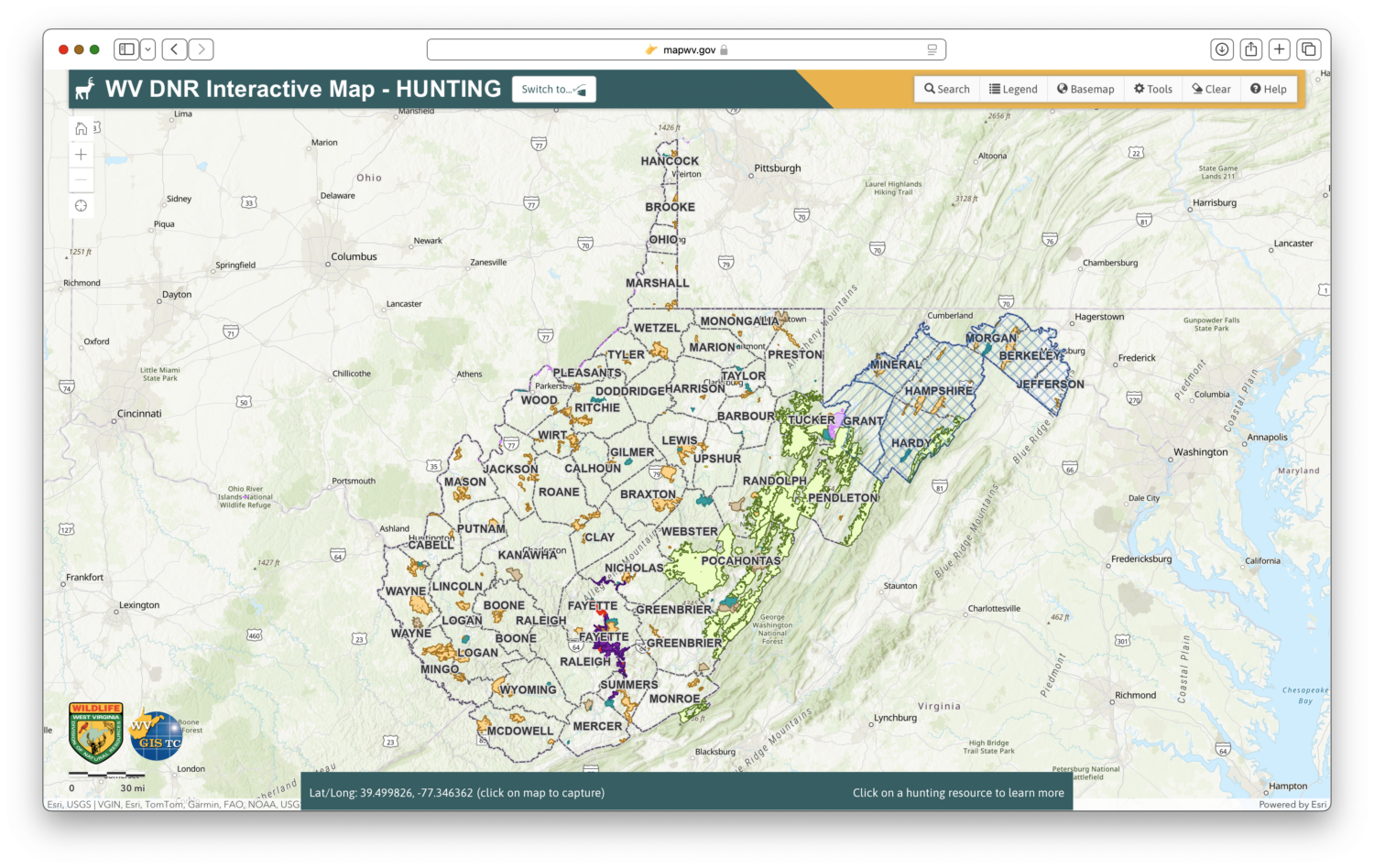 Explore West Virginia with Online Hunting and Fishing Map