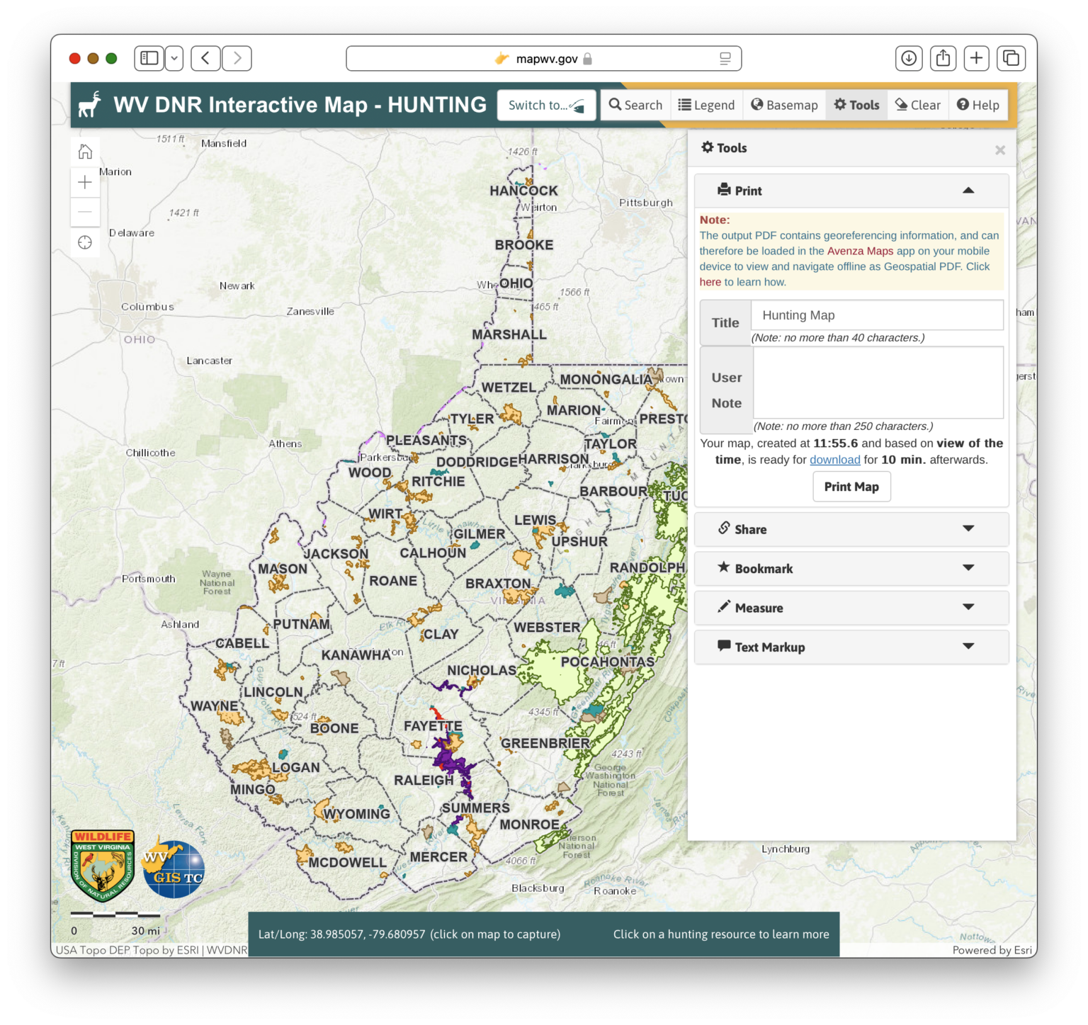 Explore West Virginia with Online Hunting and Fishing Map