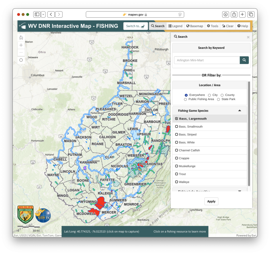 Explore West Virginia with Online Hunting and Fishing Map